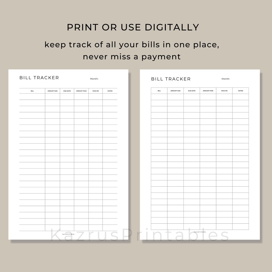 Bill Tracker Template, Bill Tracker Printable, Bill Payment Tracker - Etsy