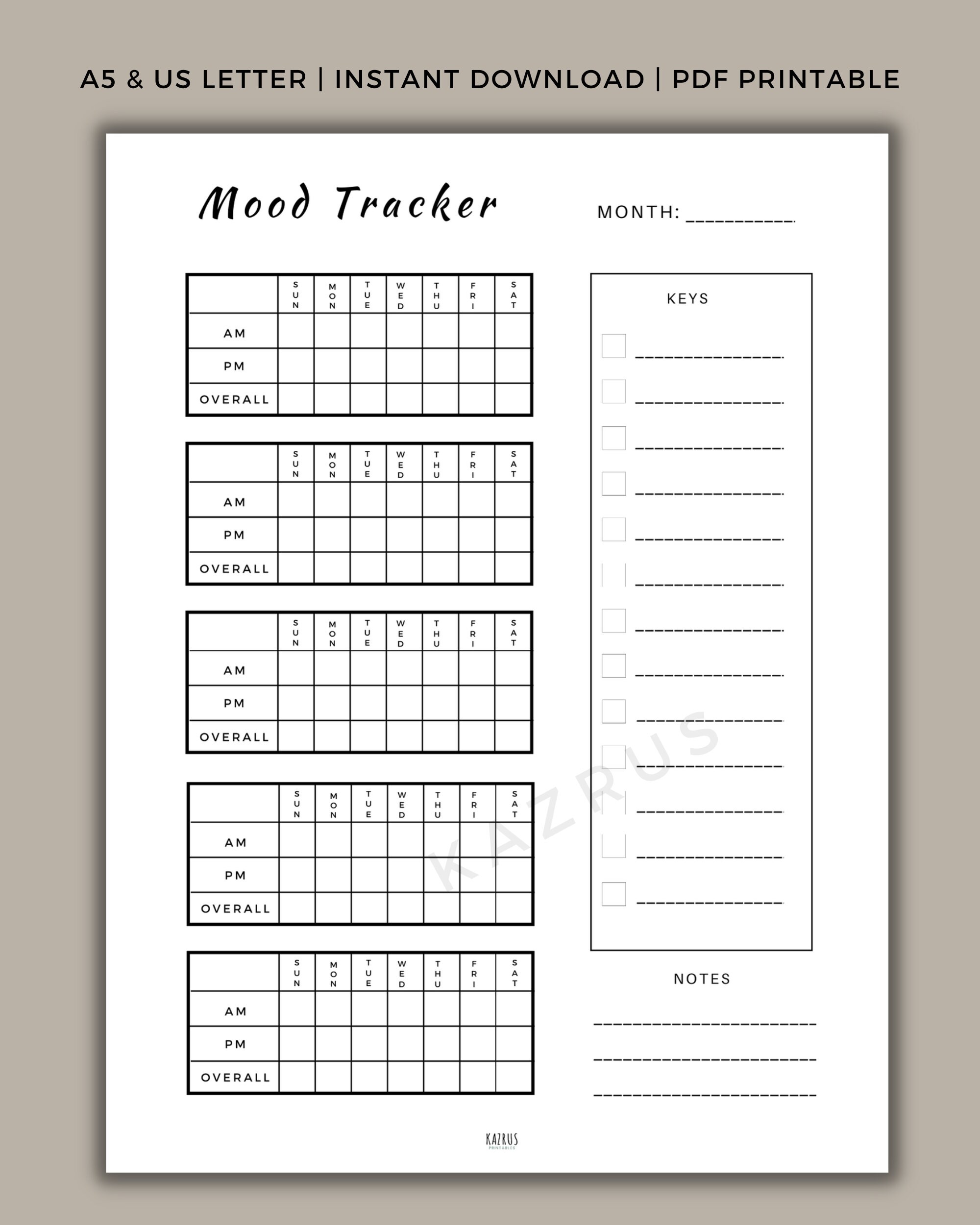 Daily Mood Tracker Printable | A5 & US Letter (PDF Download) - Etsy