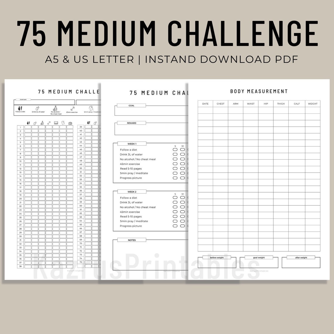75 Medium Challenge, 75 Day Challenge Printable, 75 Medium Tracker ...