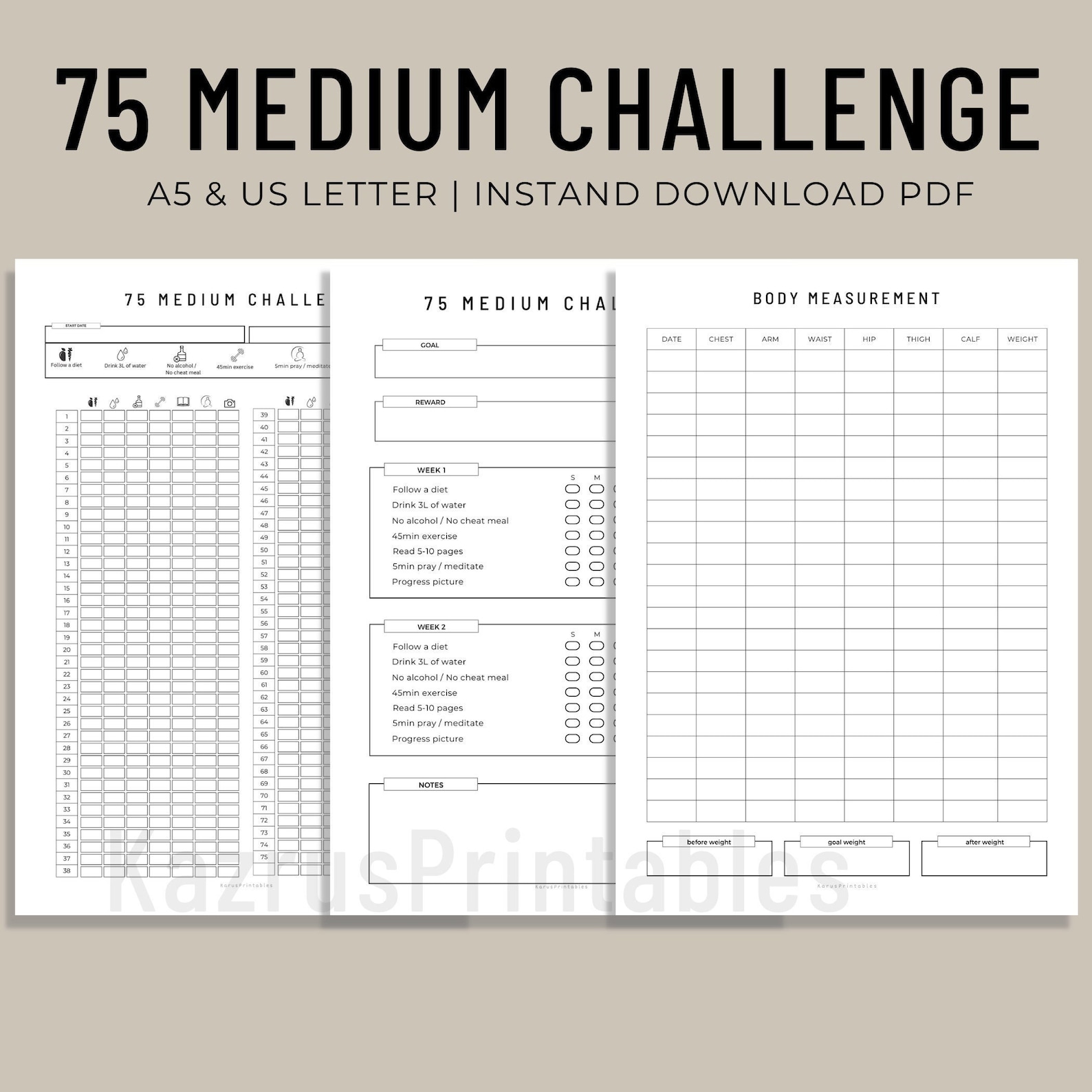 75 Medium Challenge, 75 Day Challenge Printable, 75 Medium Tracker ...