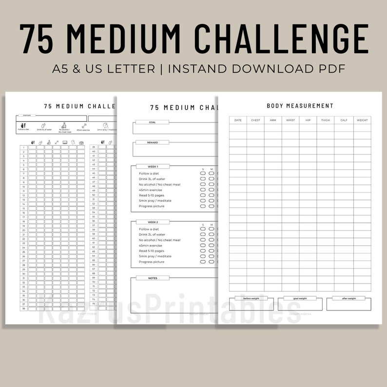 75 Medium Challenge, 75 Day Challenge Printable, 75 Medium Tracker ...