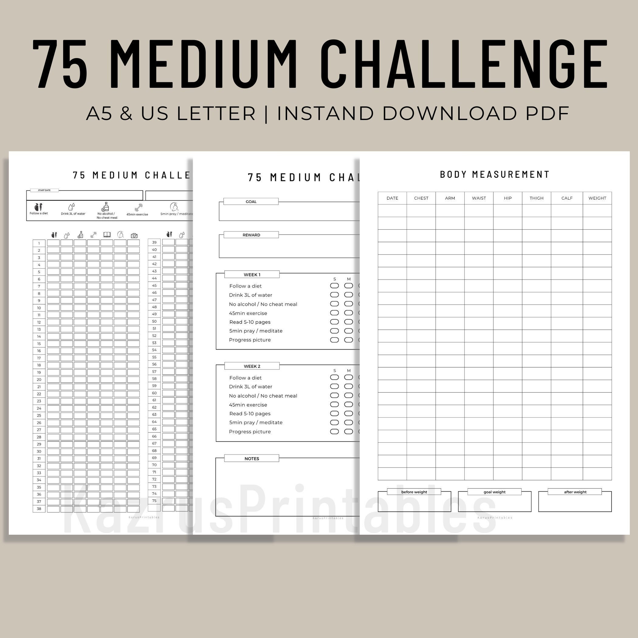 75 Medium Challenge, 75 Day Challenge Printable, 75 Medium Tracker ...