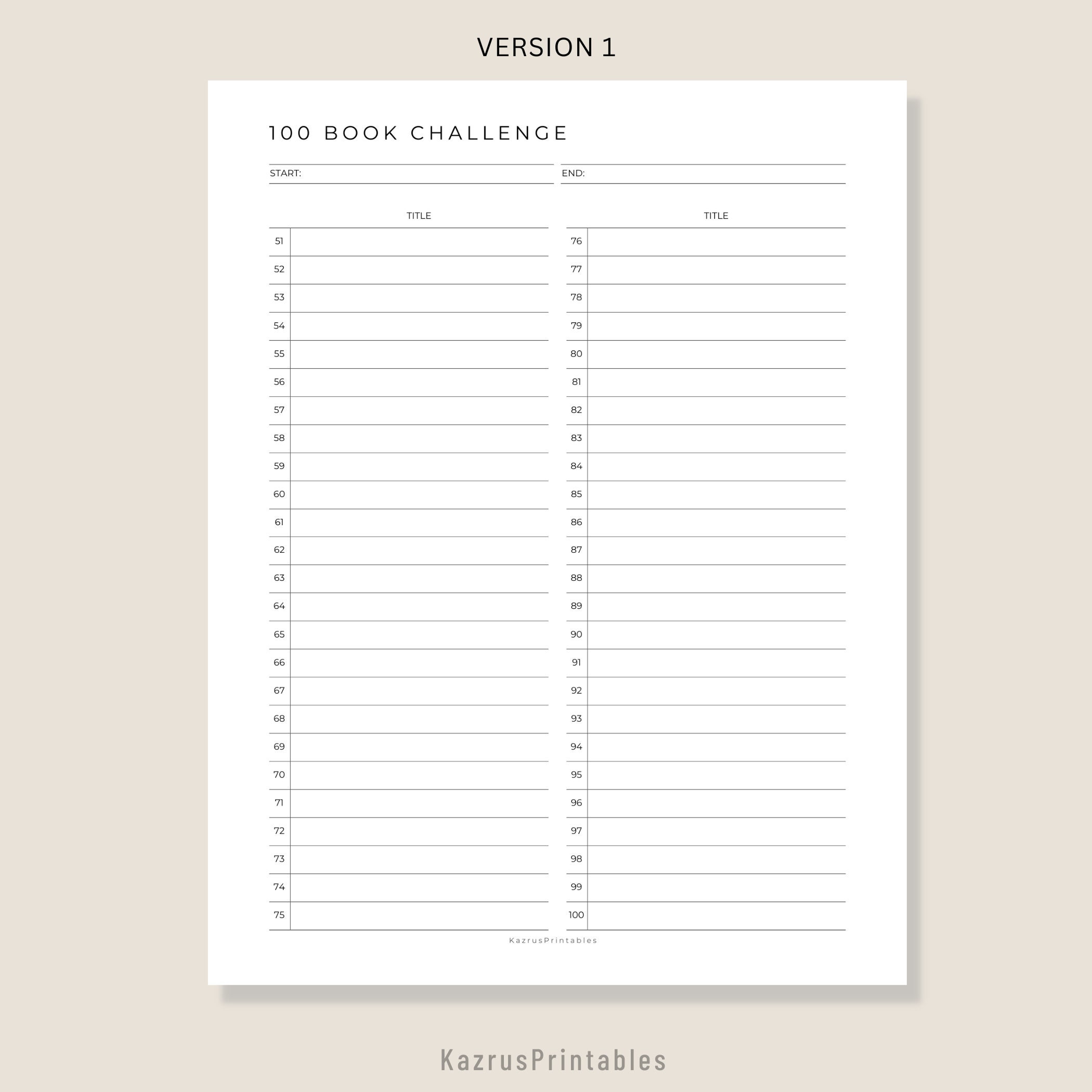 100 Book Challenge Printable, Reading Tracker Printable - Etsy