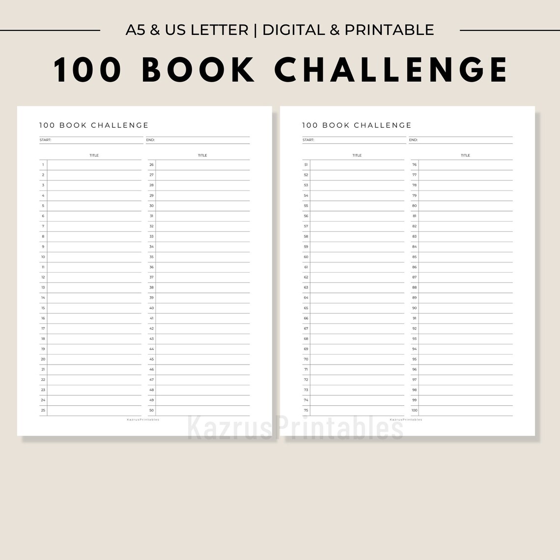 100 Book Challenge Printable, Reading Tracker Printable - Etsy