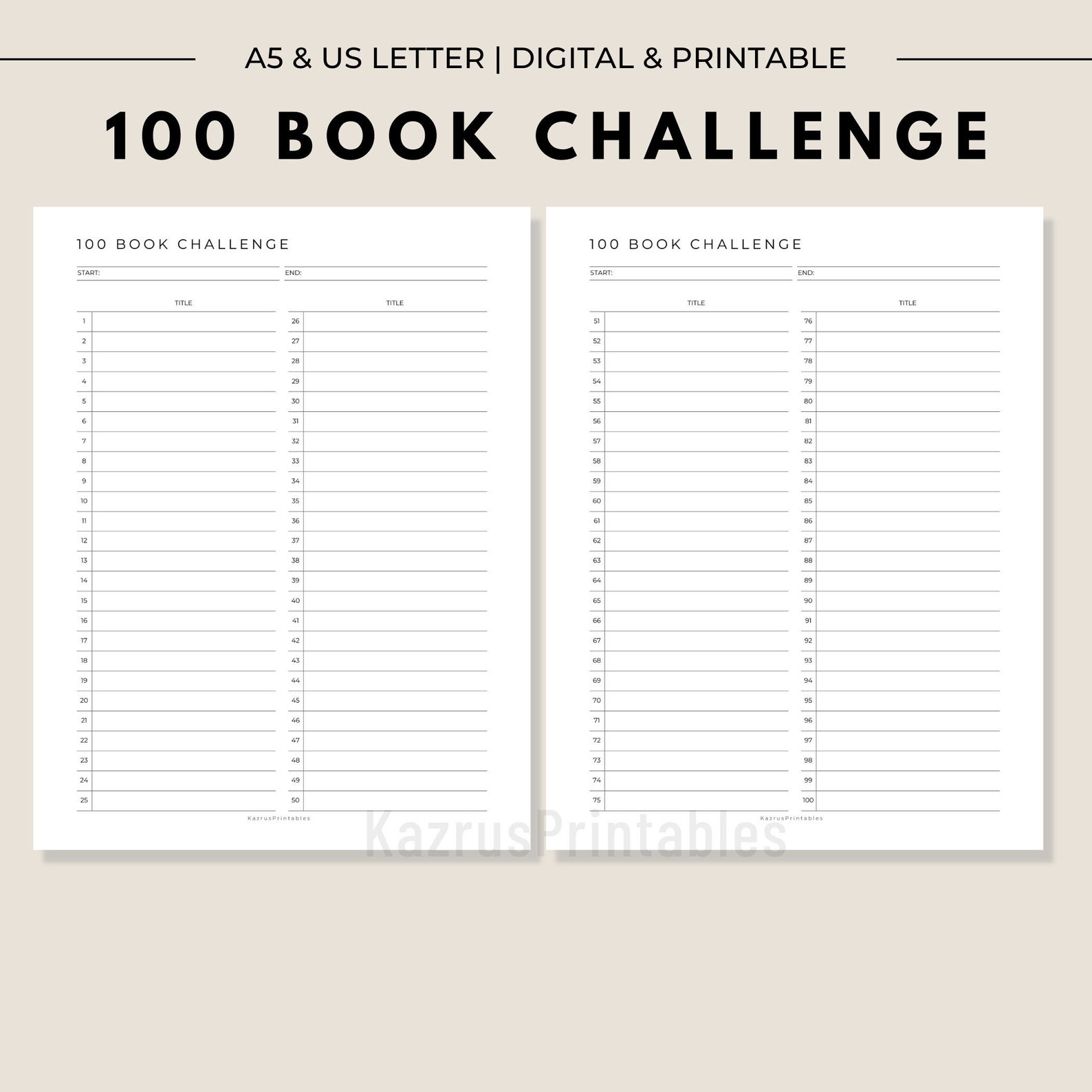 100 Book Challenge Printable, Reading Tracker Printable - Etsy
