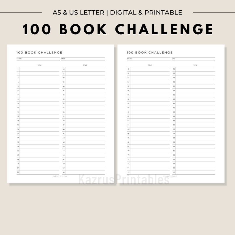 100 Book Challenge Printable, Reading Tracker Printable - Etsy