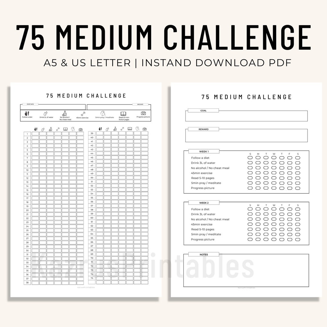 75 Medium Challenge, 75 Day Challenge Printable, 75 Medium Tracker ...