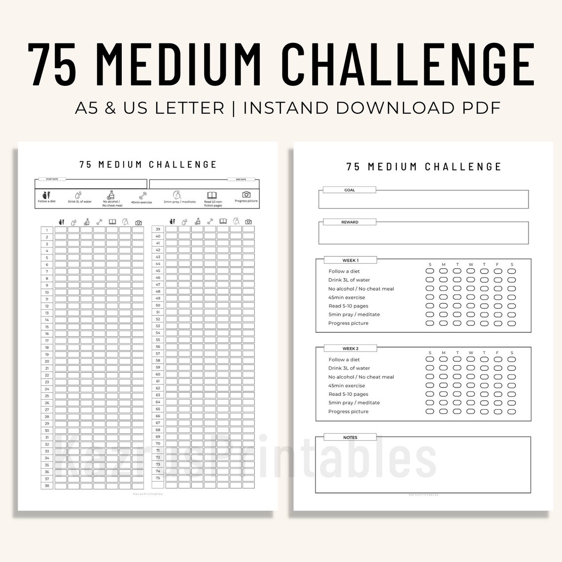 75 Medium Challenge, 75 Day Challenge Printable, 75 Medium Tracker ...
