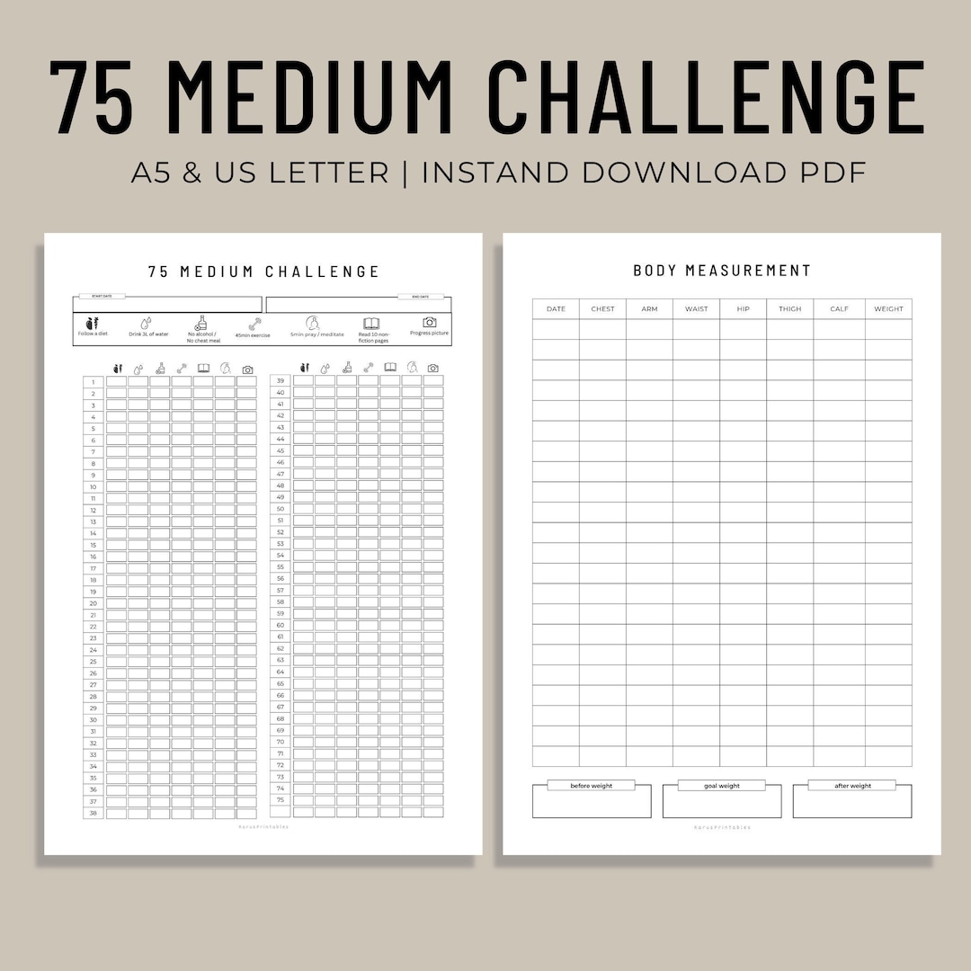 75 Medium Tracker, 75 Medium Challenge, Body Measurement Tracker, 75 Medium Printable, 75 Day ...