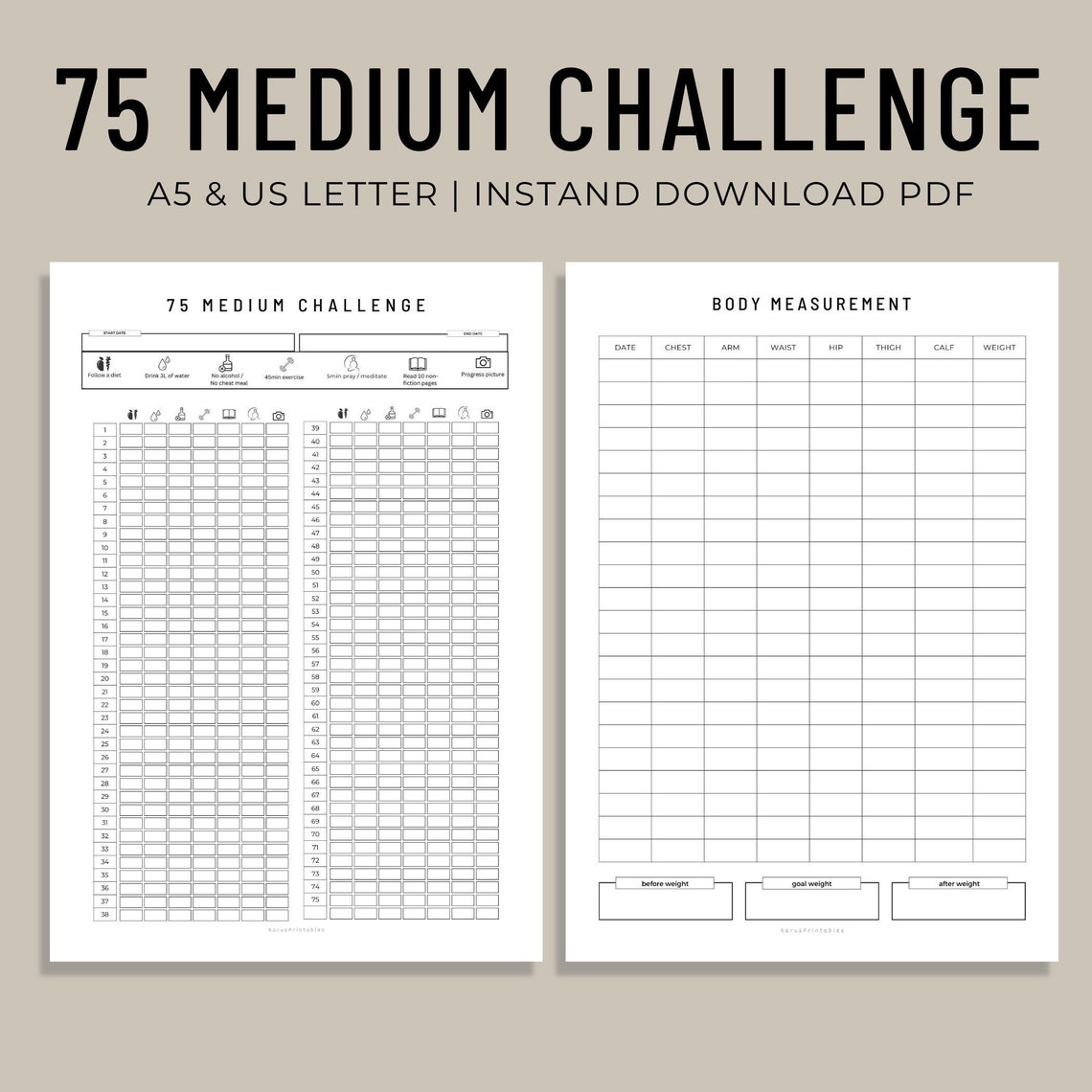 75 Medium Tracker, 75 Medium Challenge, Body Measurement Tracker, 75 ...