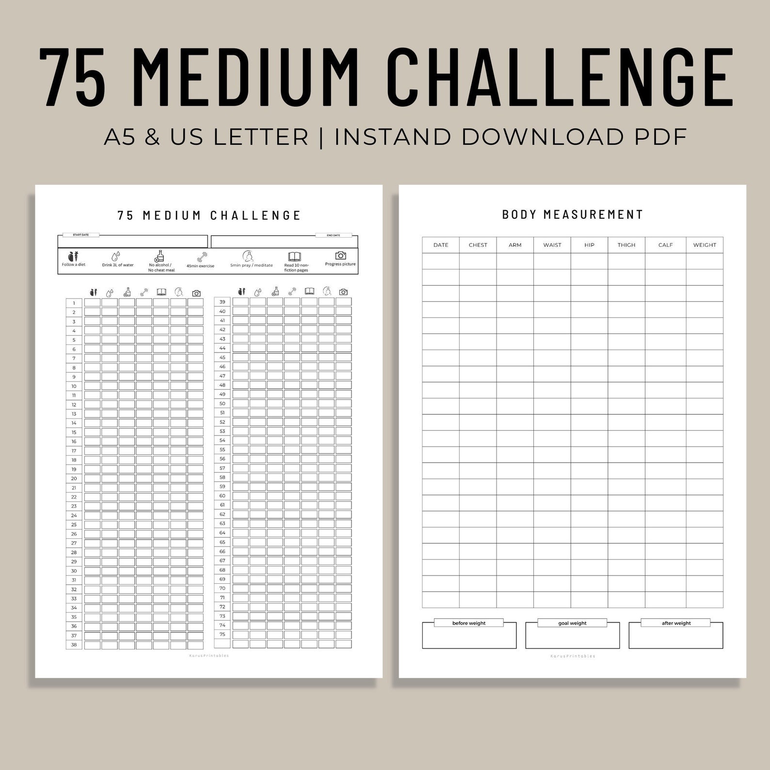 75 Medium Tracker, 75 Medium Challenge, Body Measurement Tracker, 75 ...