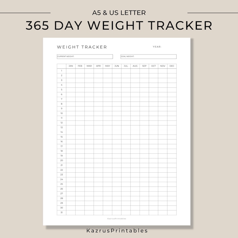 365 Day Weight Tracker Printable - Etsy Canada