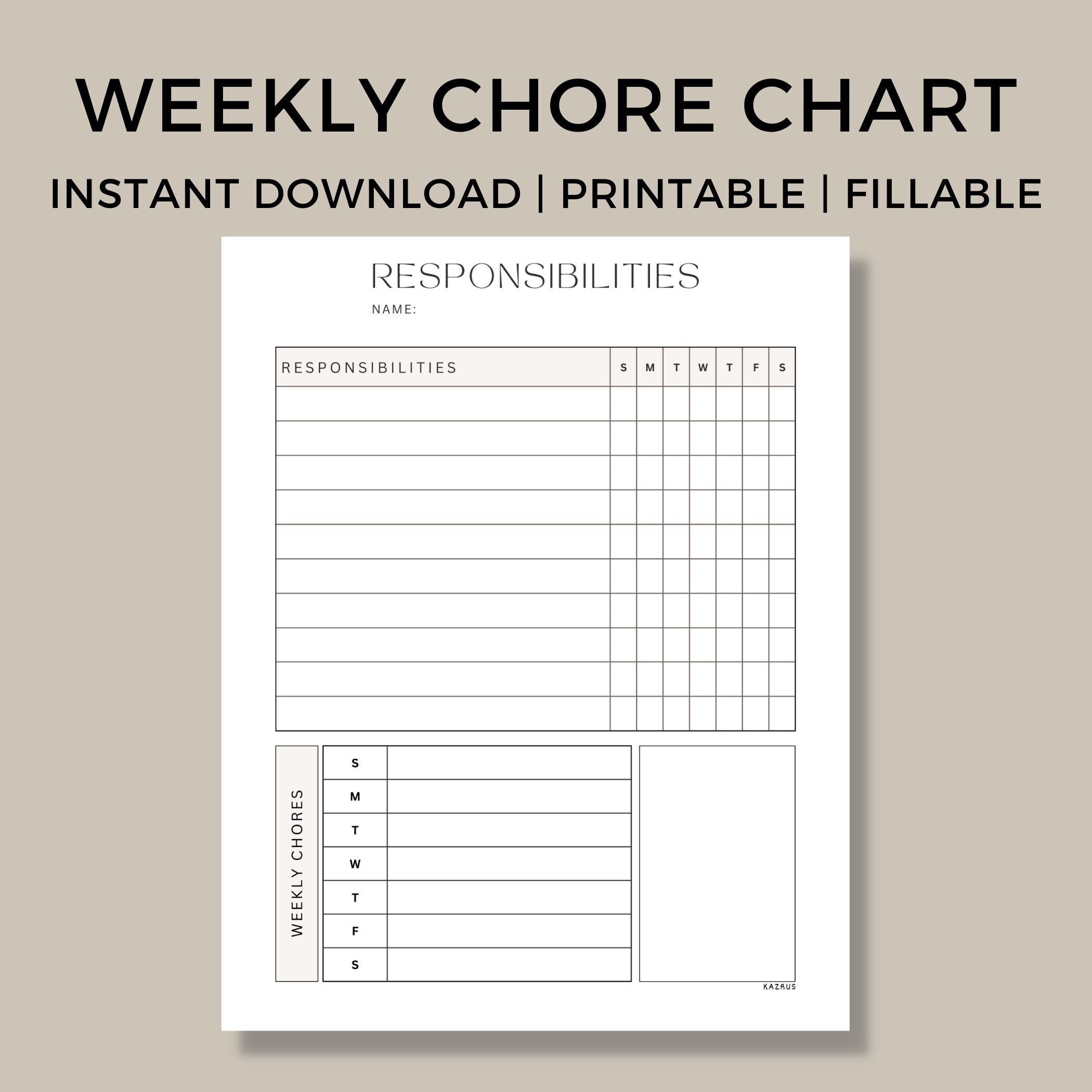 Editable Chore Chart, Weekly Chore Chart, Adult Chore Chart - Etsy