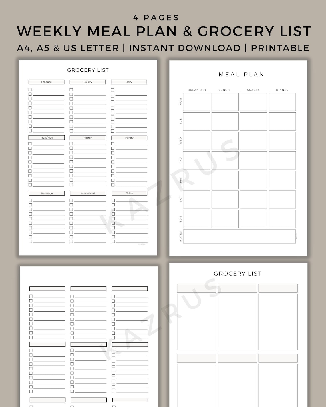 Grocery List Printable Weekly Meal Planner Printable - Etsy