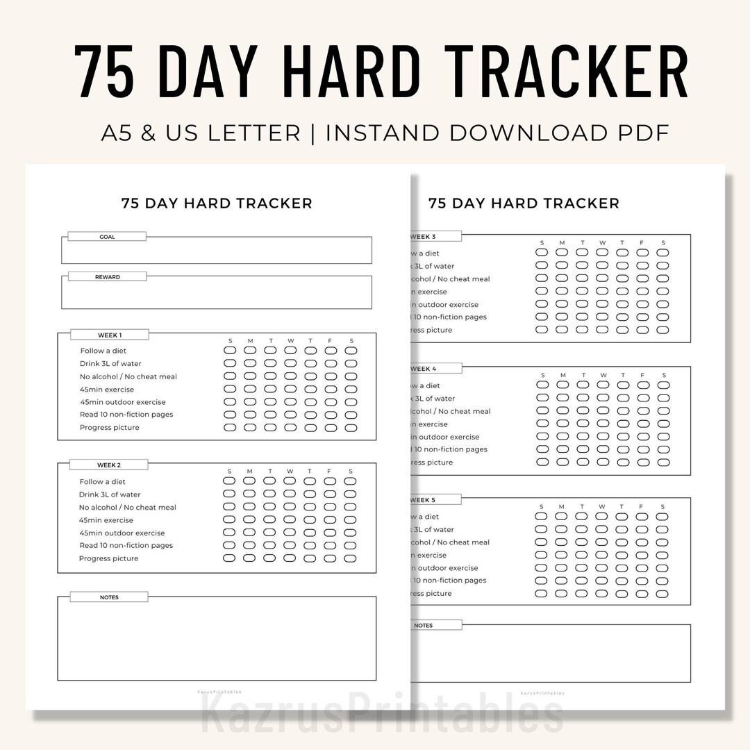 75 Day Hard Tracker, 75 Day Hard Challenge, 75 Day Challenge Printable ...
