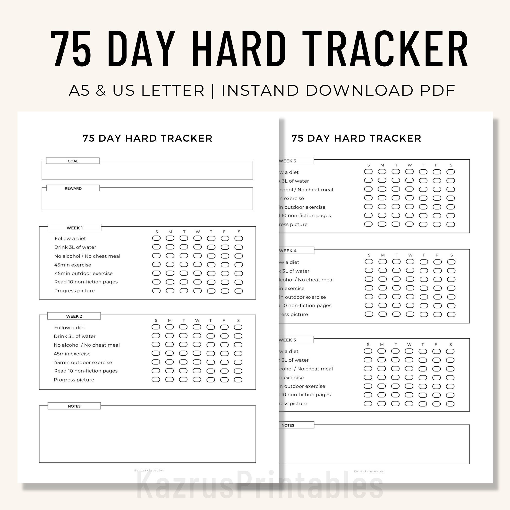 75 Day Hard Tracker, 75 Day Hard Challenge, 75 Day Challenge Printable ...