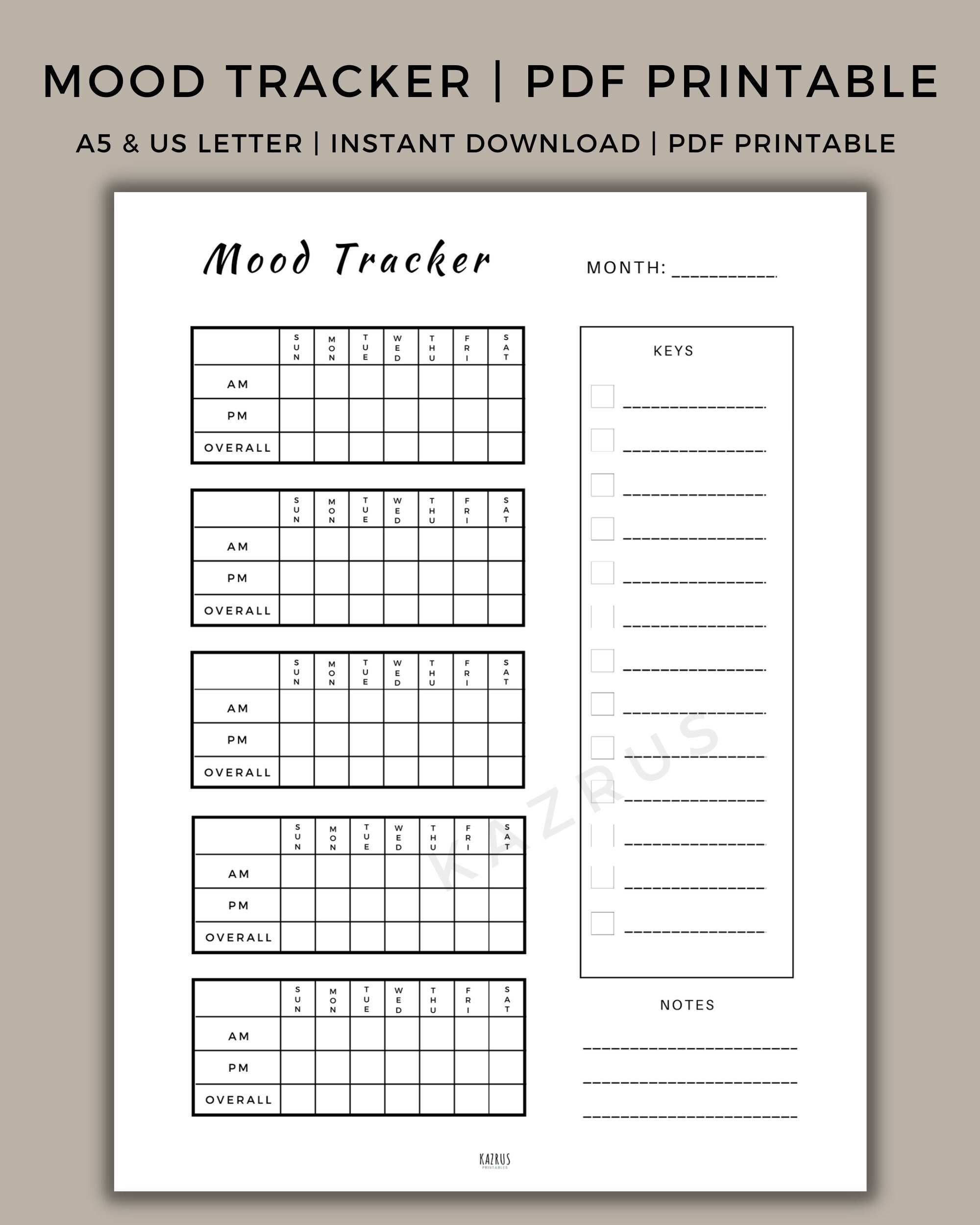 Daily Mood Tracker Printable | A5 & US Letter (PDF Download) - Etsy