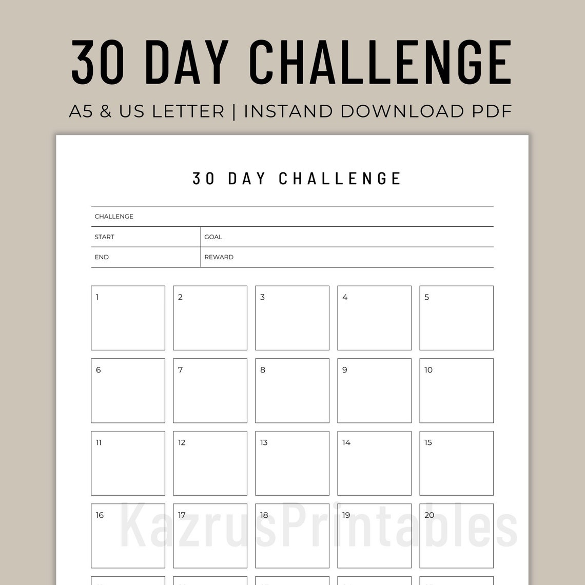 30 Day Challenge, 30 Day Habit Tracker Printable, Self Care Planner ...