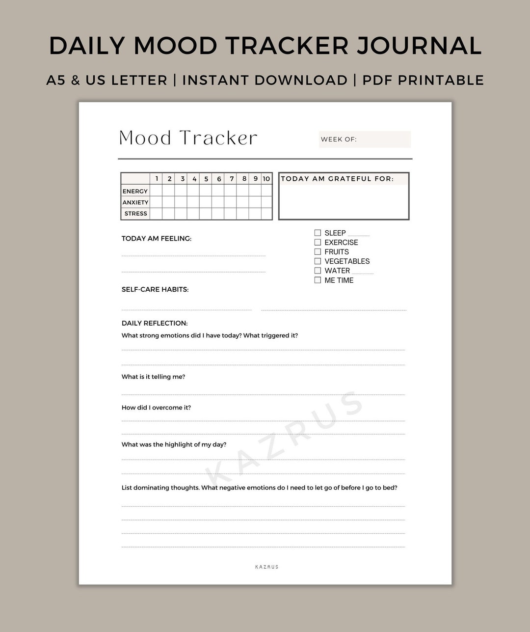 Daily Mood Tracker Journal Printable | Mood Tracker Printable | PDF ...