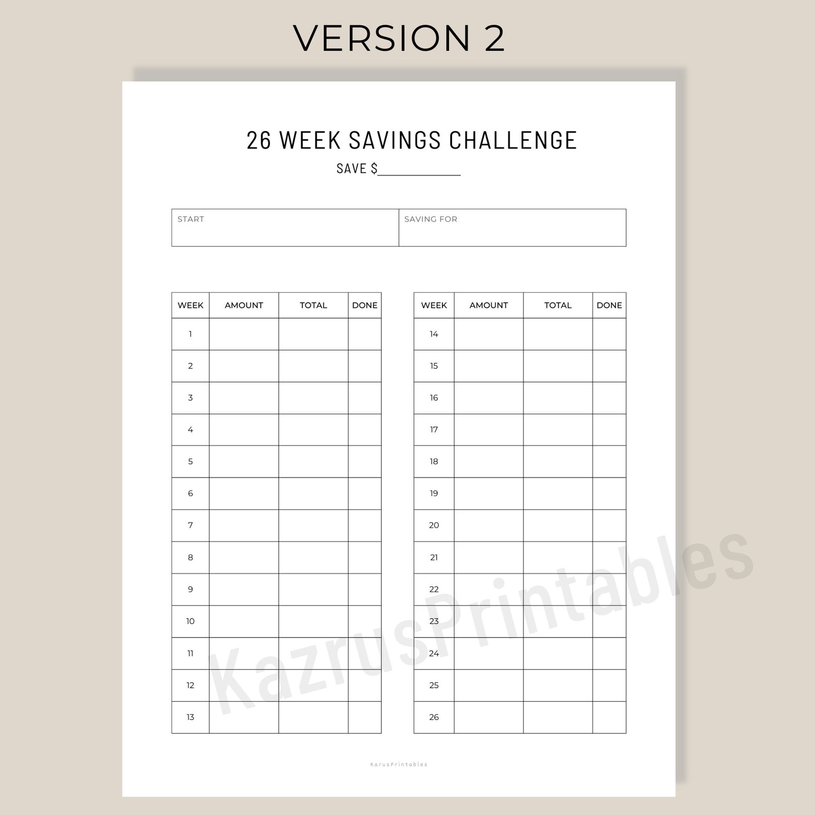 26 Week Savings Challenge Savings Tracker Money Saving - Etsy Canada