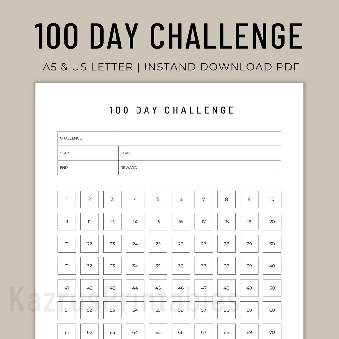 100 Day Challenge, 100 Day Habit Tracker Printable, Fitness Challenge Printable - Etsy