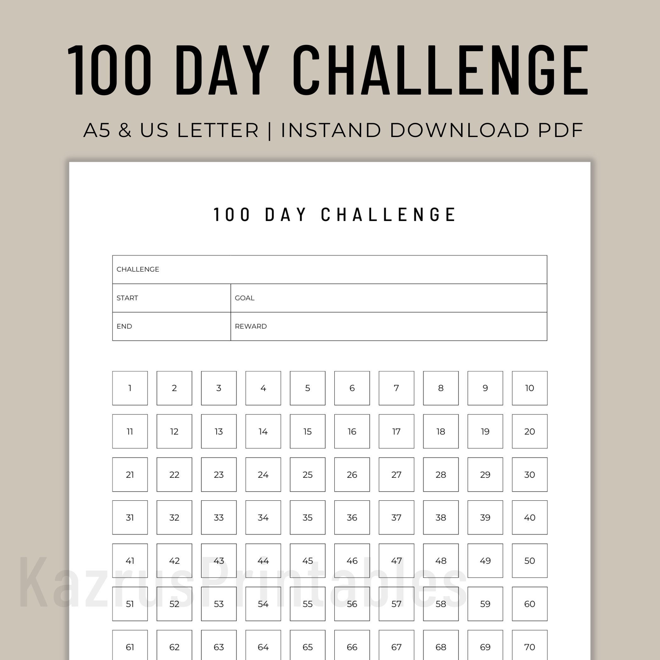 100 Day Challenge, 100 Day Habit Tracker Printable, Fitness Challenge ...