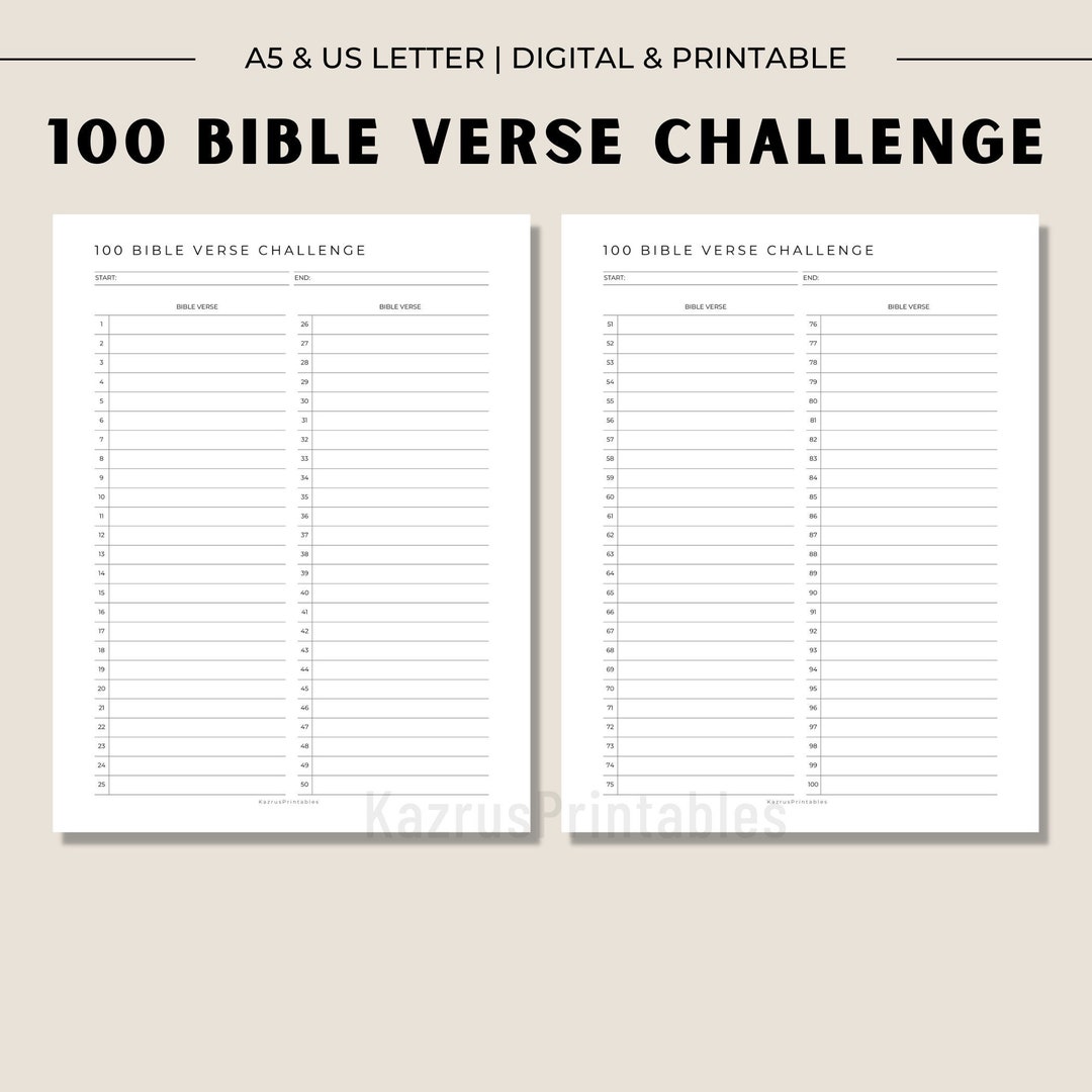 100 Bible Verse Challenge Printable, Bible Reading Log - Etsy