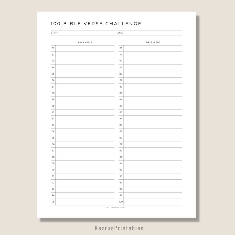 100 Bible Verse Challenge Printable, Bible Reading Log - Etsy