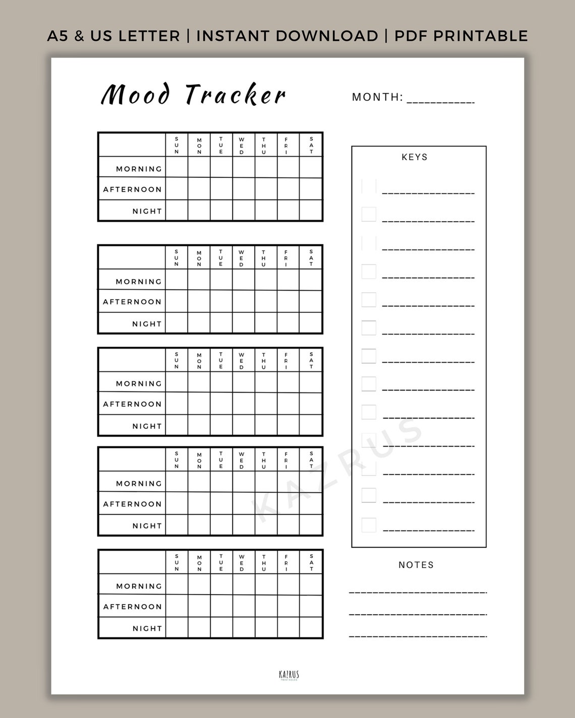 Daily Mood Tracker Printable | A5 & US Letter (PDF Download) - Etsy