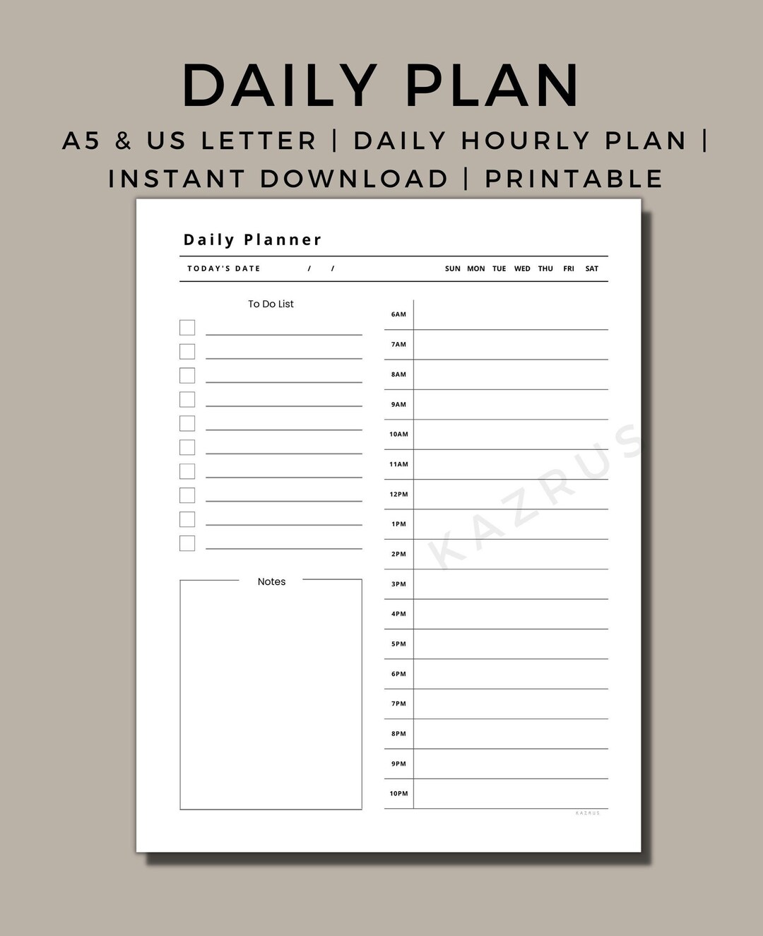 Daily Planner Printable Daily Hourly Planner A5 Undated Daily Planner ...