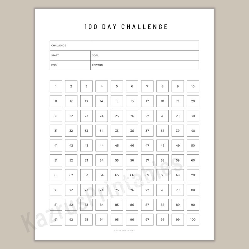 100 Day Challenge 100 Day Habit Tracker Printable Fitness - Etsy