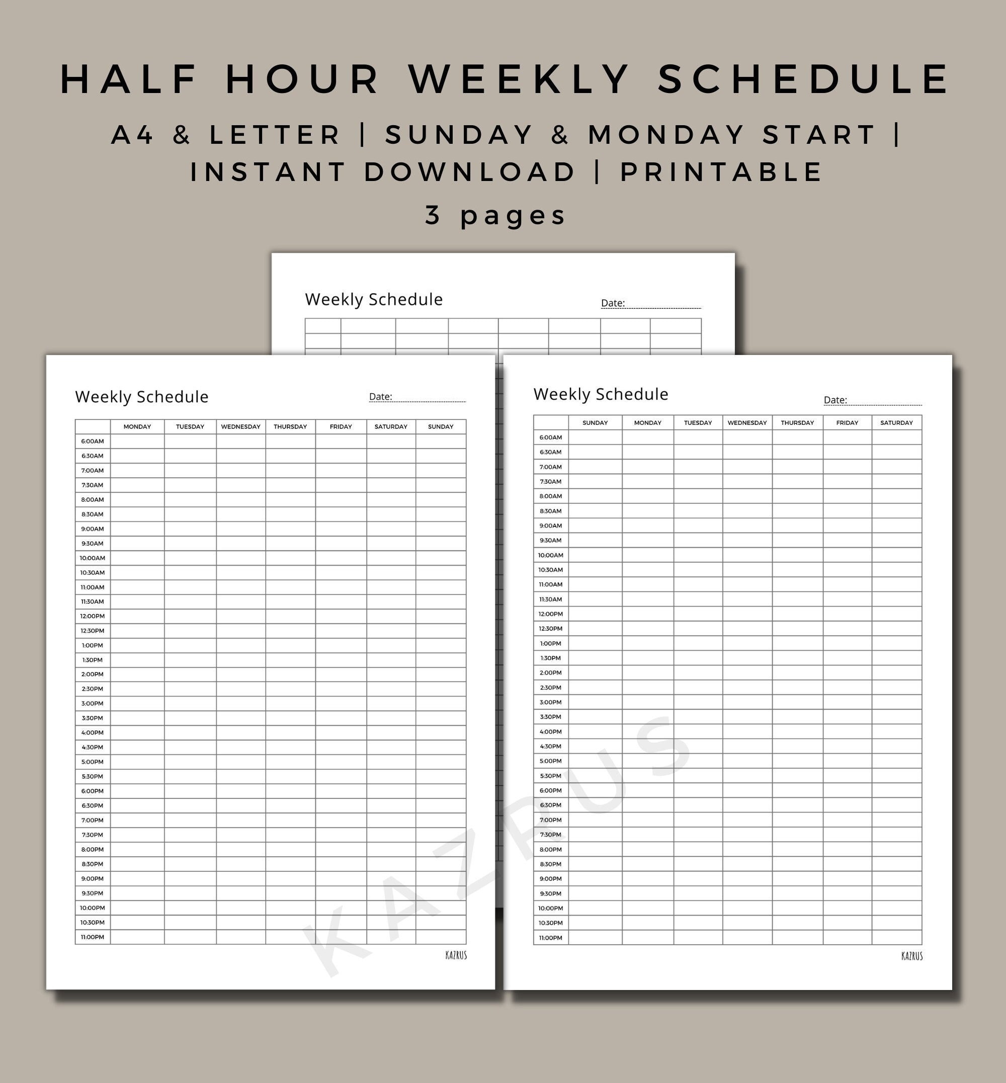 Half Hour Weekly Schedule | Weekly Planner Printable | Undated Weekly ...