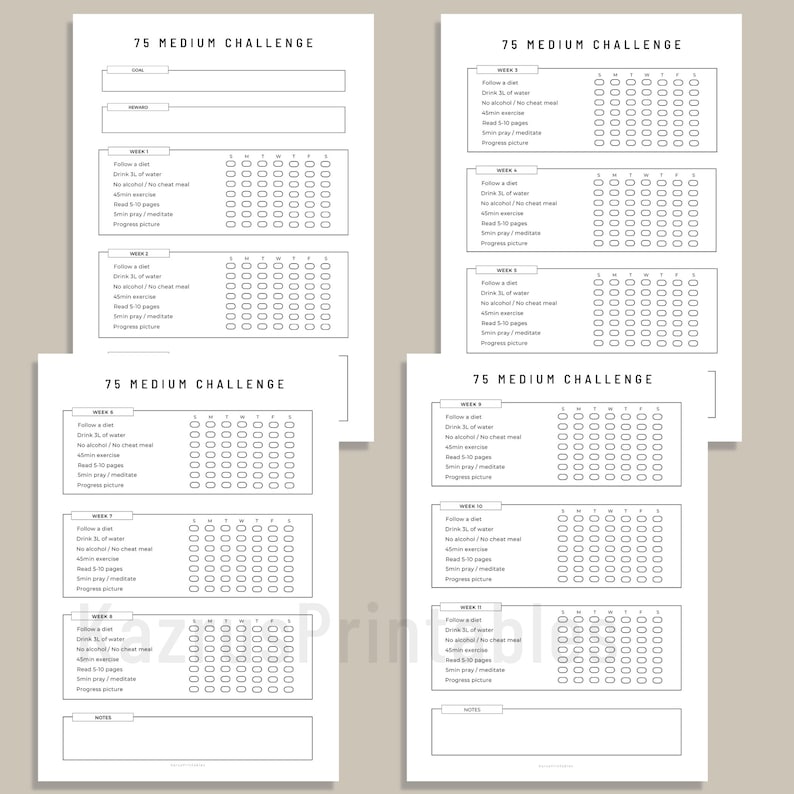 75 Medium Challenge, 75 Day Challenge Printable, 75 Medium Tracker ...