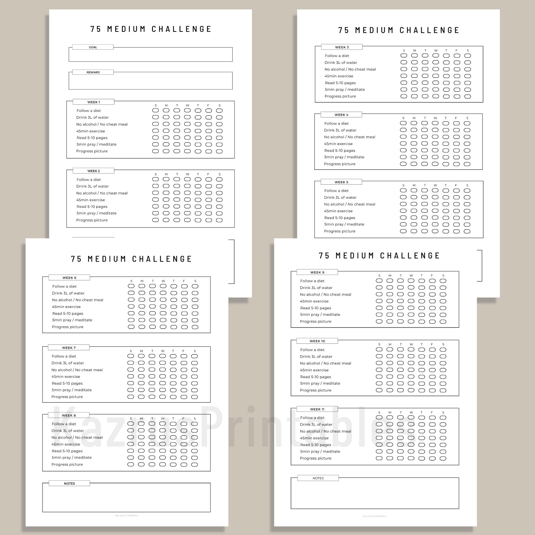 75 Medium Challenge, 75 Day Challenge Printable, 75 Medium Tracker ...