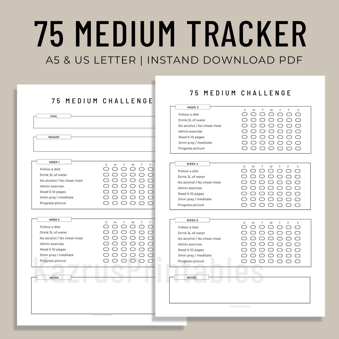 75 Medium Challenge Tracker, 75 Medium Printable, 75 Day Challenge ...