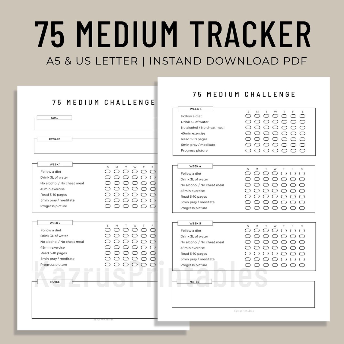 75 Medium Challenge Tracker, 75 Medium Printable, 75 Day Challenge ...