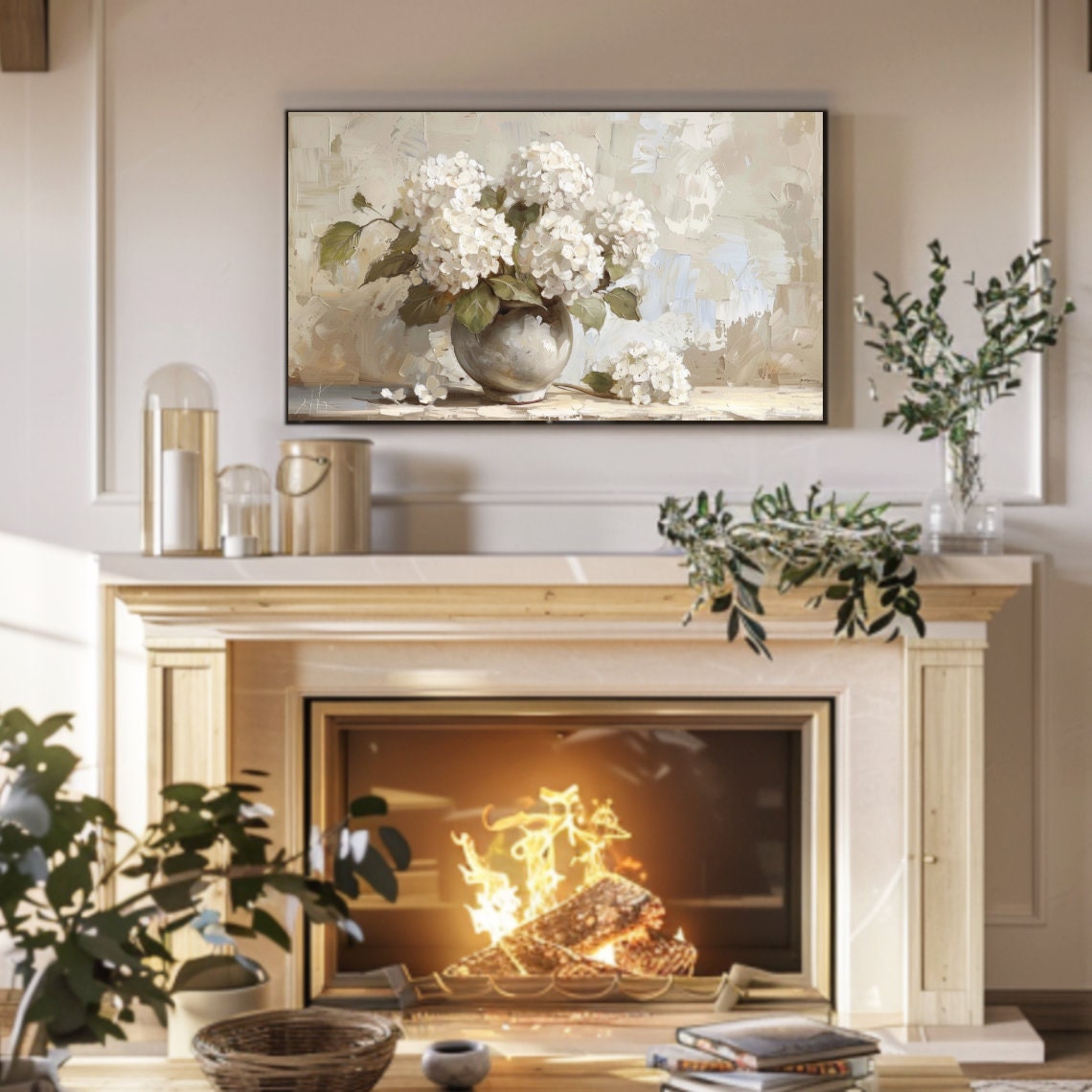 Floral Frame TV Art, White Hydrangeas Bouquet Painting, White Flowers ...