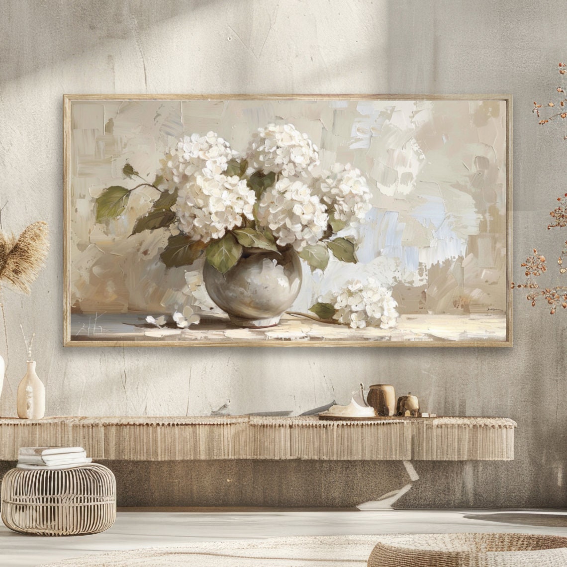 Floral Frame TV Art, White Hydrangeas Bouquet Painting, White Flowers ...