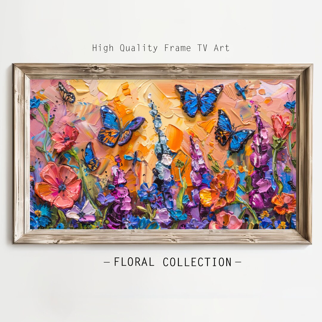 Spring Frame TV Art, Butterflies and Flowers Digital Download, Textured ...