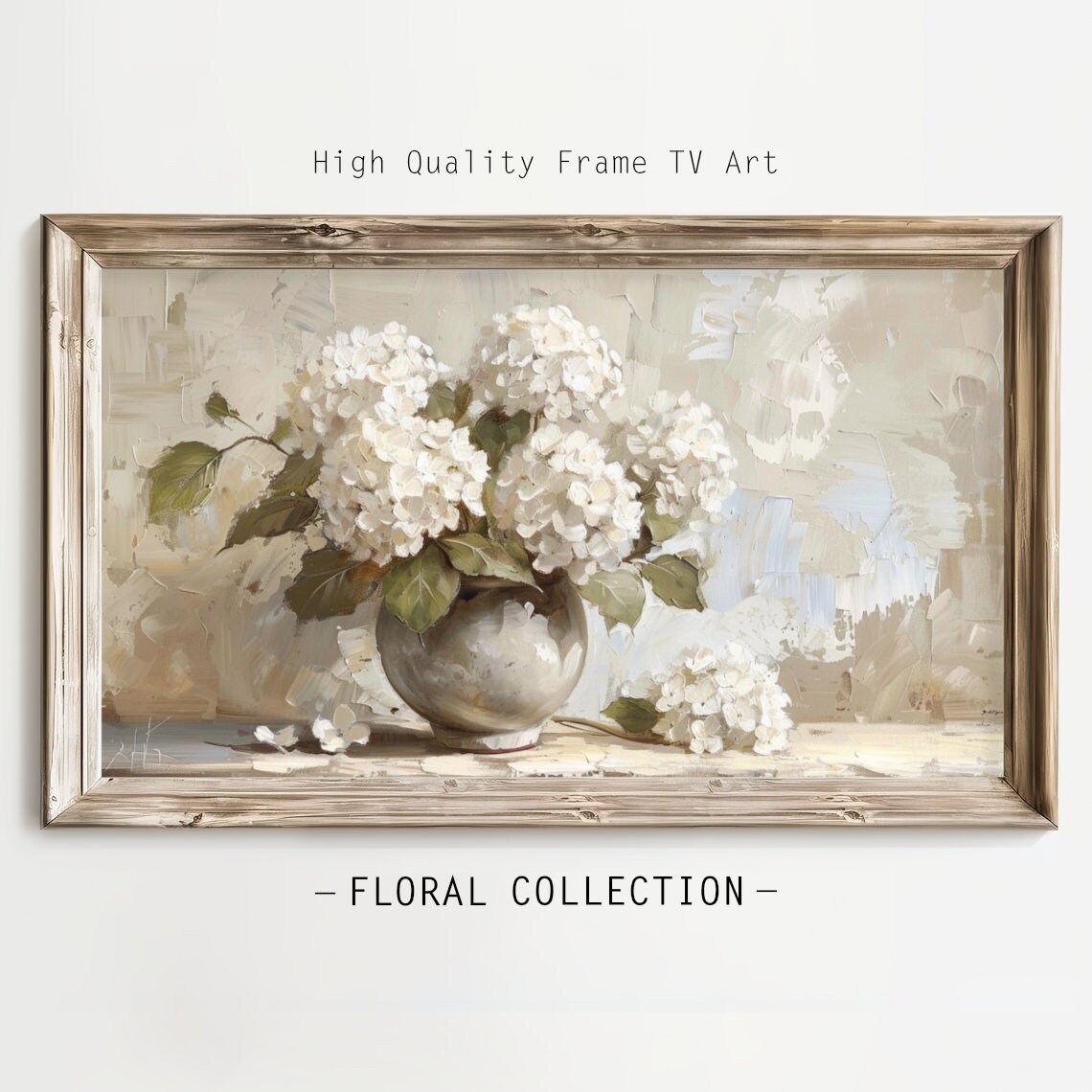 Floral Frame TV Art, White Hydrangeas Bouquet Painting, White Flowers ...