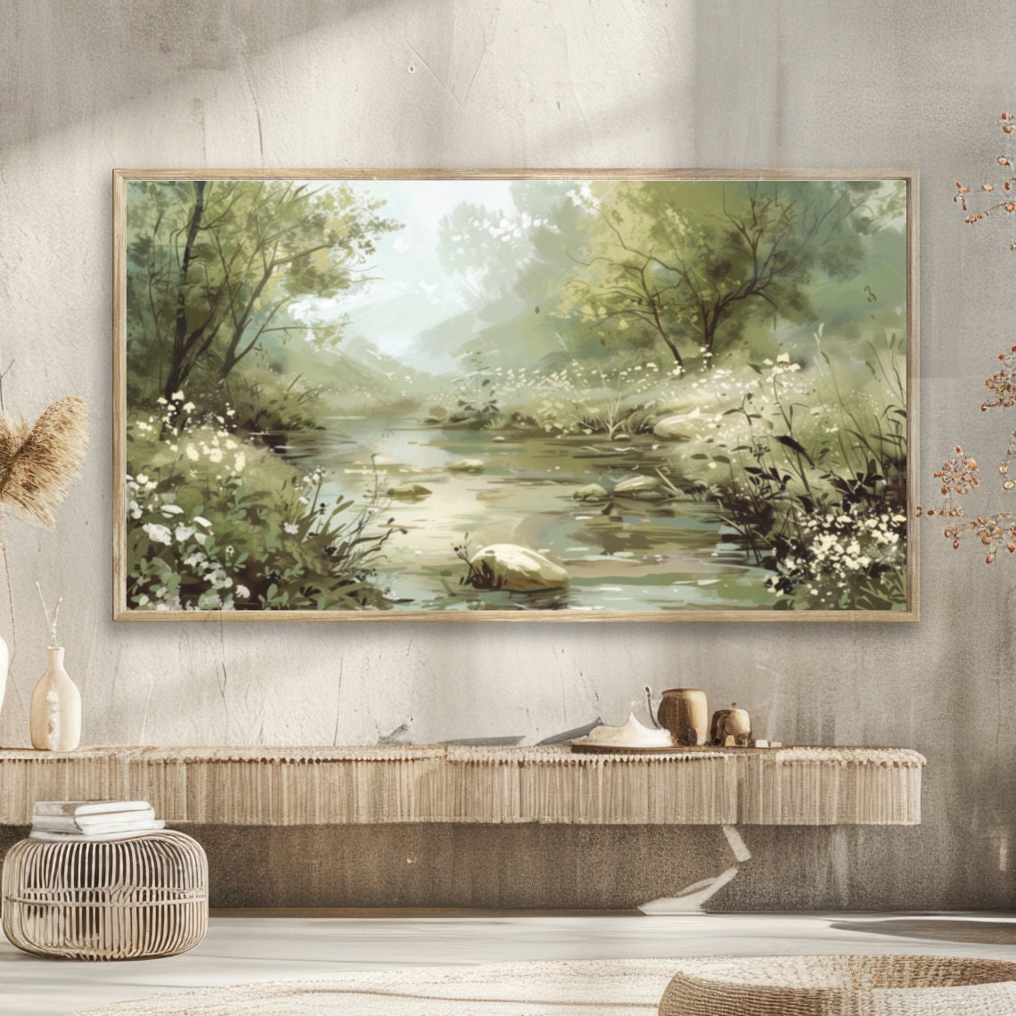 Frame TV Art, Spring Stream Landscape Painting, Green Nature Frame TV ...