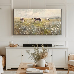 Frame TV Art, Cows Grazing in Field Digital Download, Textured Oil ...