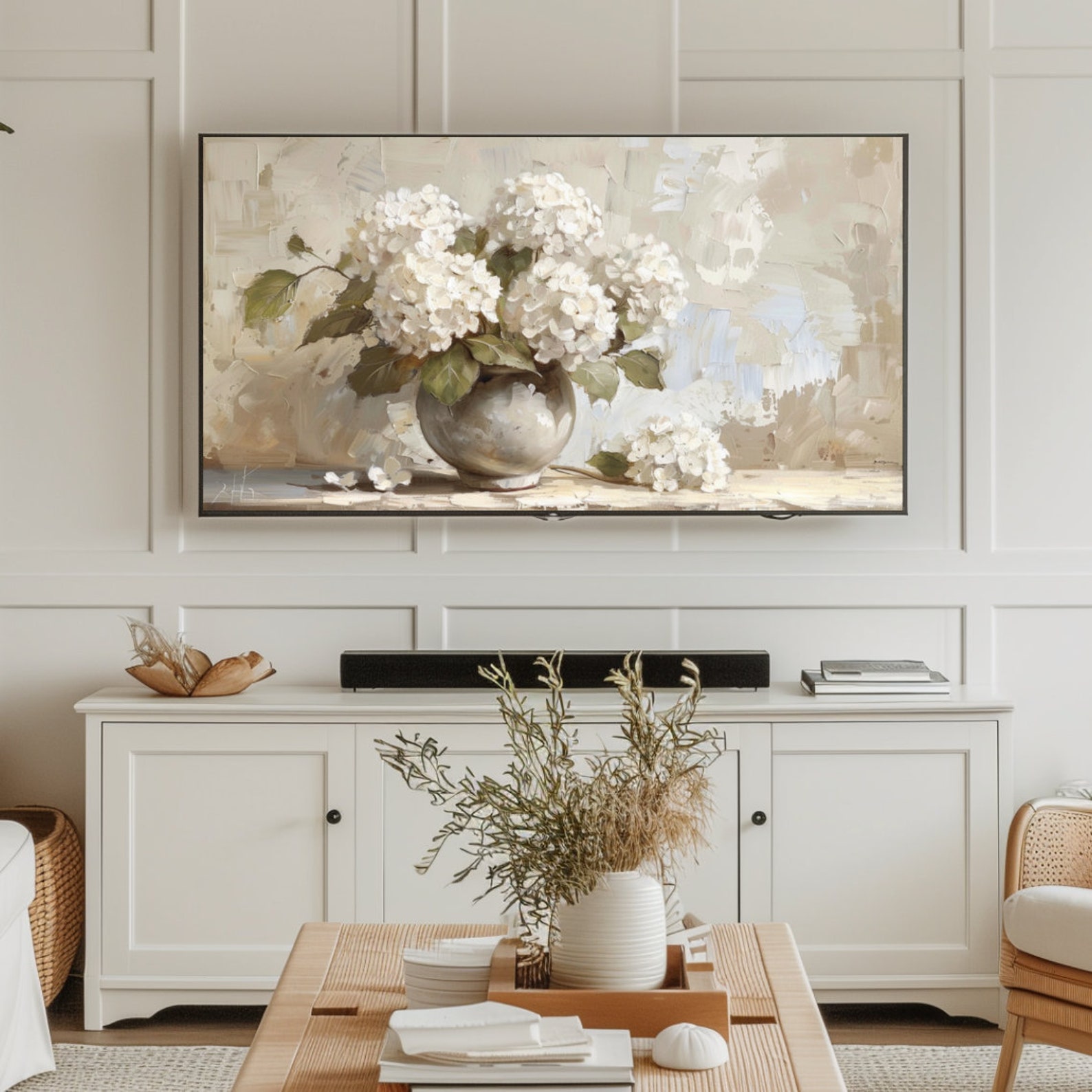 Floral Frame TV Art, White Hydrangeas Bouquet Painting, White Flowers ...