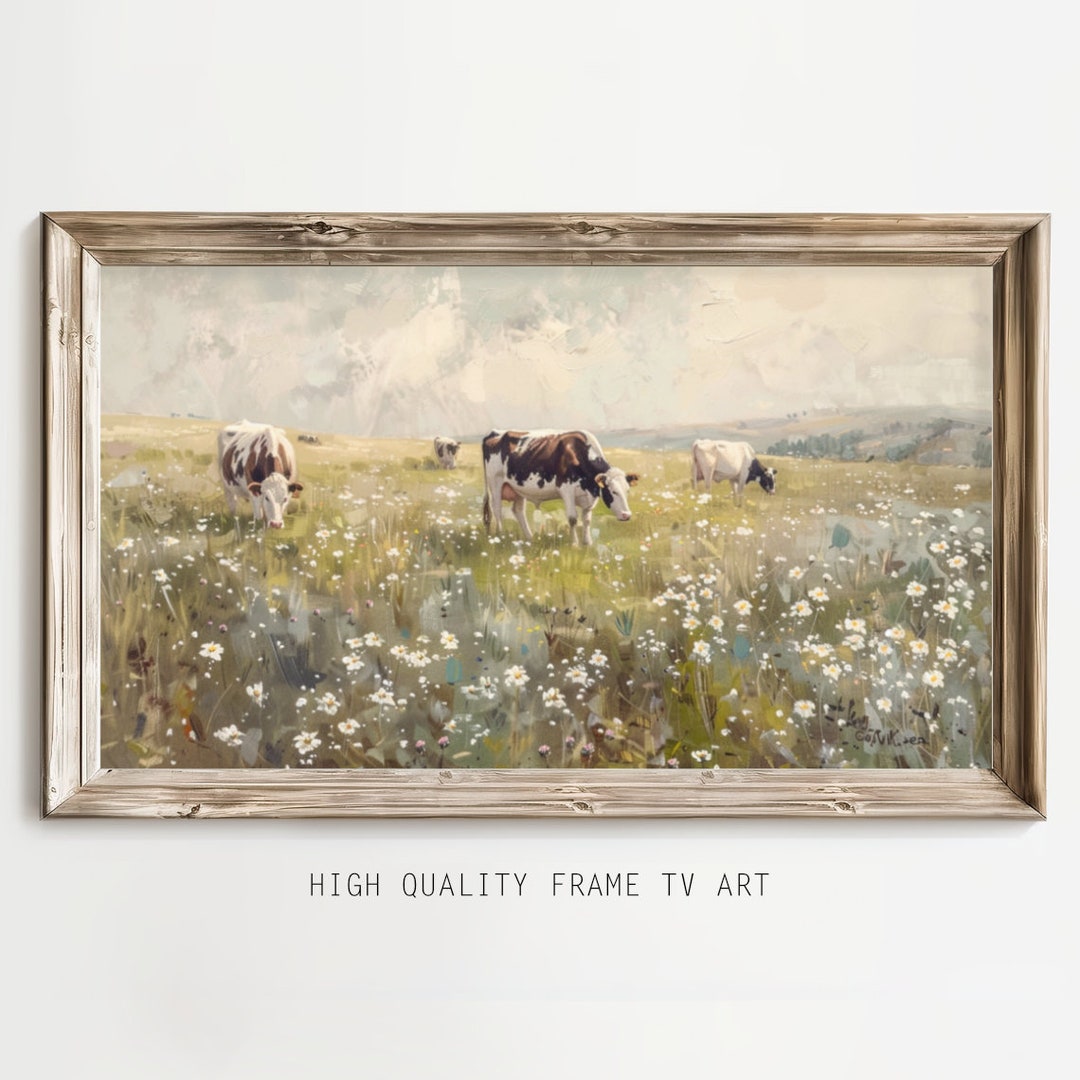 Frame TV Art, Cows Grazing in Field Digital Download, Textured Oil ...
