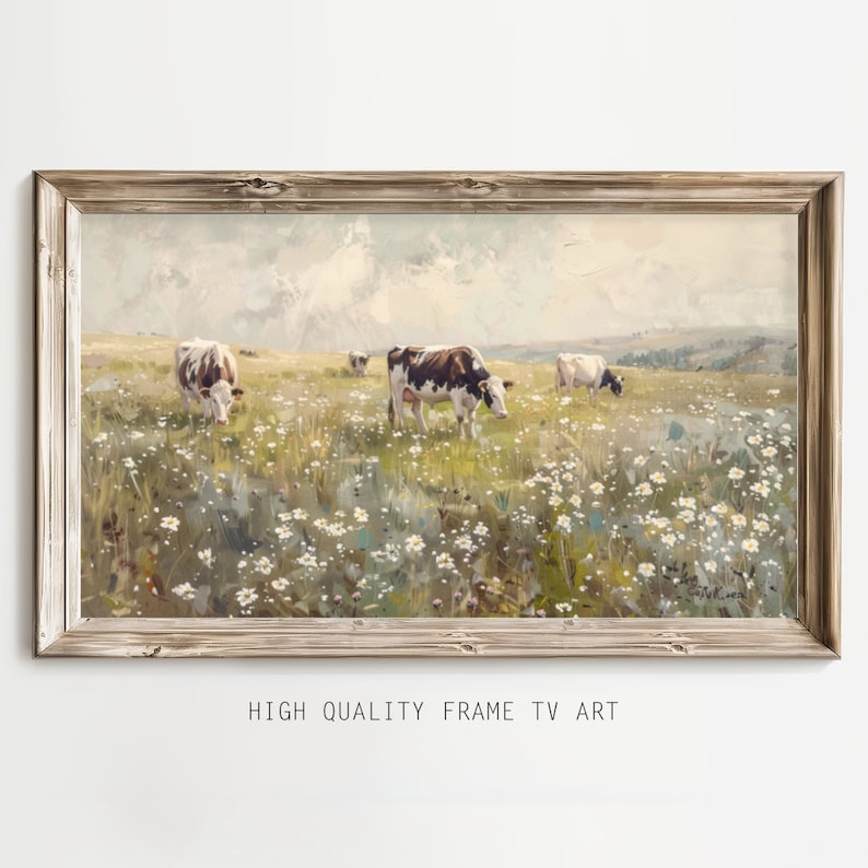 Frame TV Art, Cows Grazing in Field Digital Download, Textured Oil ...