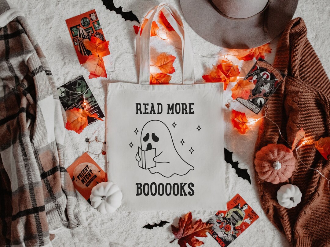 Bookish Halloween Tote Bag, Read More Boooks Tote, Halloween Teacher ...
