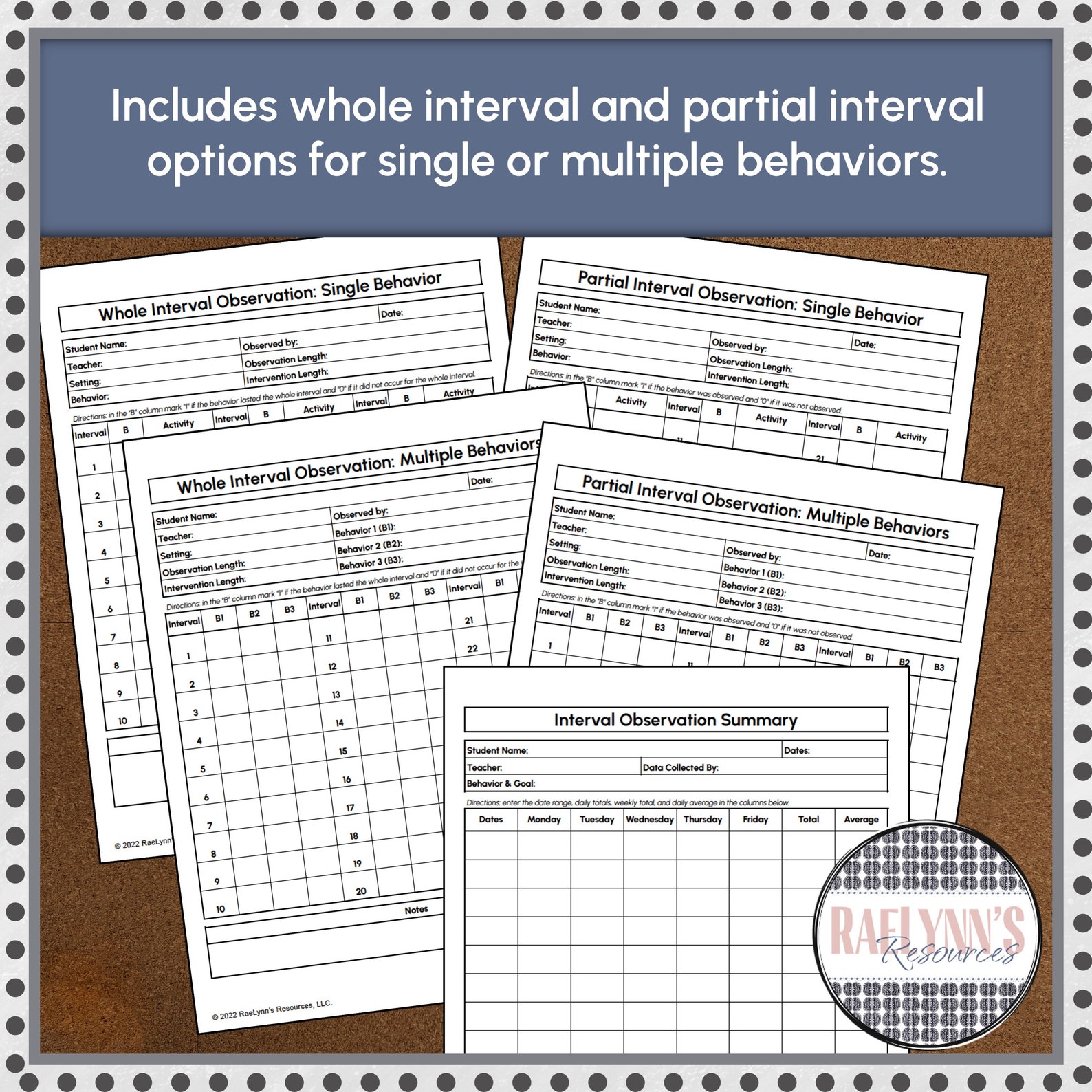 Whole and Partial Interval Behavior Observation Data Collection Sheets ...