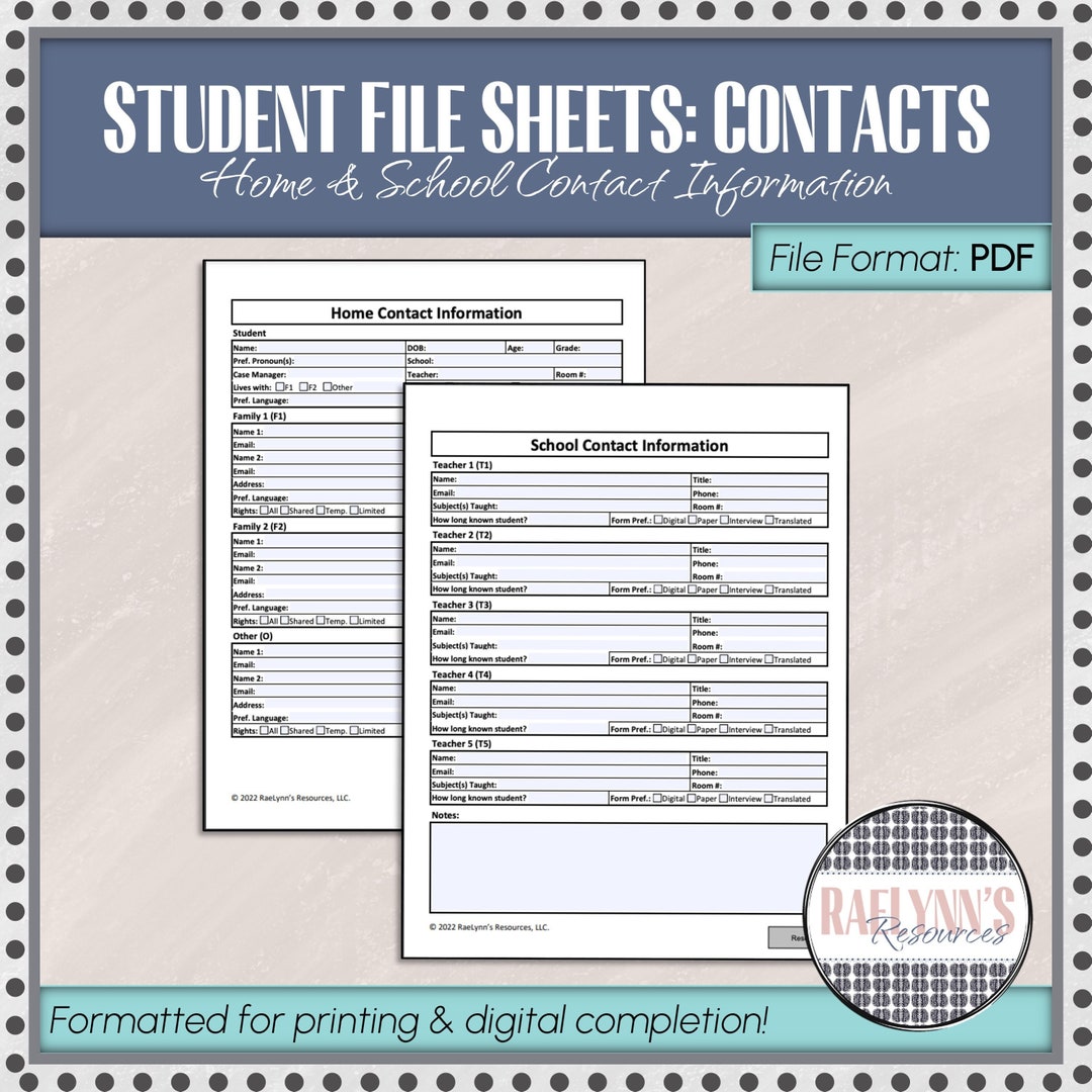 Student Contact Information Sheets: Home & School - Etsy UK