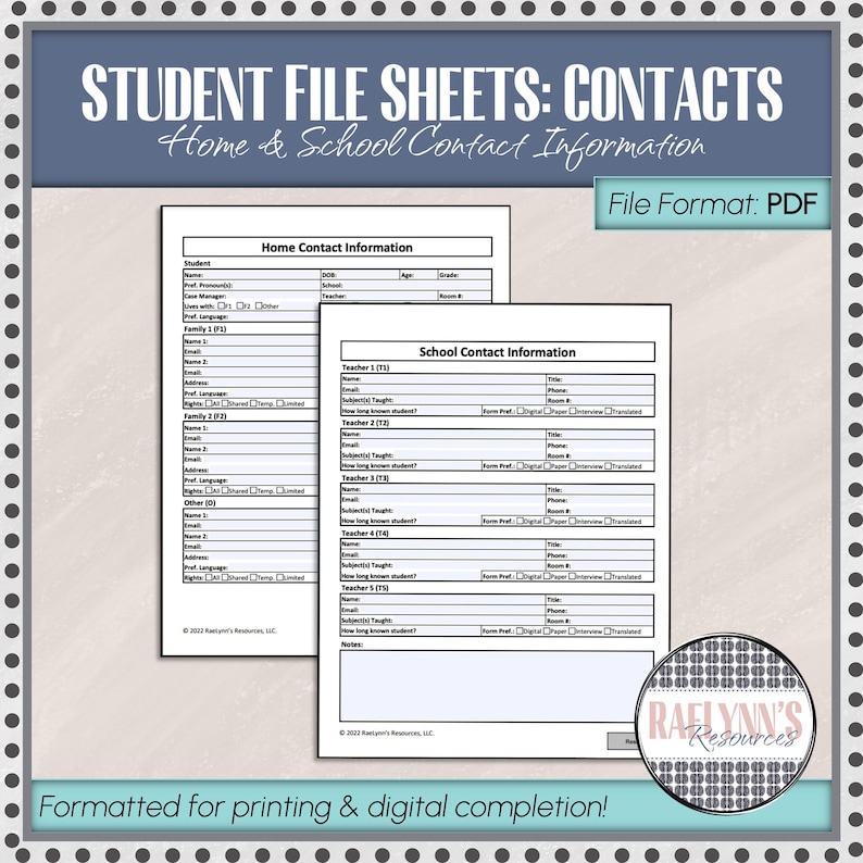 Student Contact Information Sheets: Home & School - Etsy