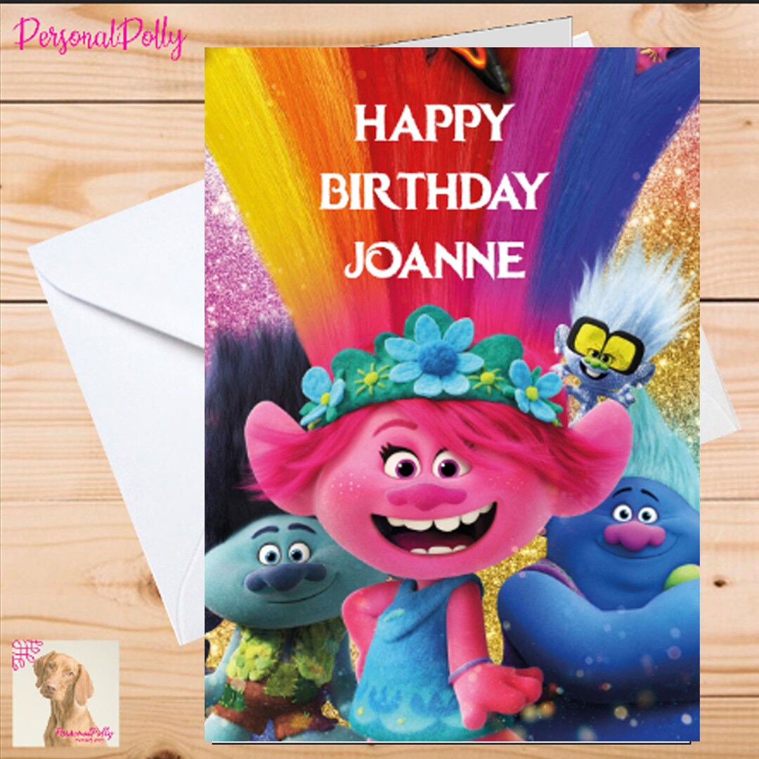 Personalised Trolls Card Birthday Hair Sing Poppy Biggy Creek Any ...